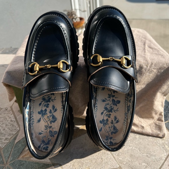 Gucci | Shoes | Chunky Black And Gold Gucci Loafers | Poshmark